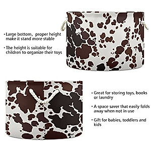 MIFSOIAVV Cowhide Brown Large Round Storage Basket Milk Cow Print Laundry Basket Cowhide Skin Pattern Toy Storage Hamper Organizer Bin Storage Box Durable Handles for Bathroom