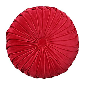 Pillow Perfect Round Pleated Velvet Buttoned Decorative Pillow, 1 Count (Pack of 1), Red