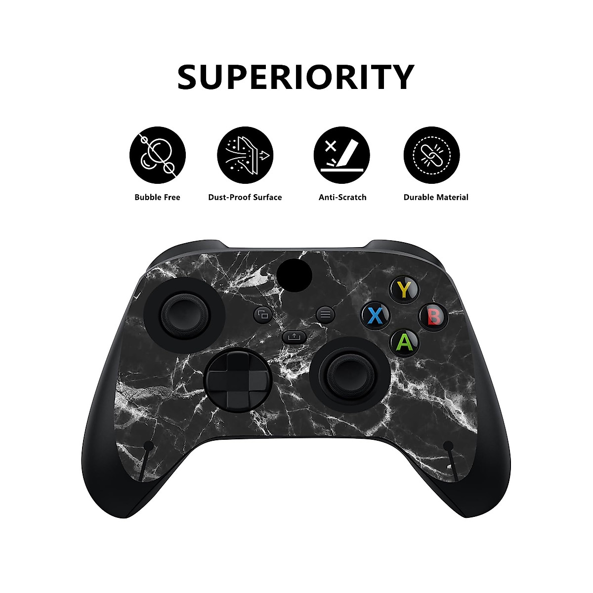 PlayVital Black White Marble Effect Custom Vinyl Skins for Xbox Core Wireless Controller, Wrap Decal Cover Stickers for Xbox Series X Console Controller