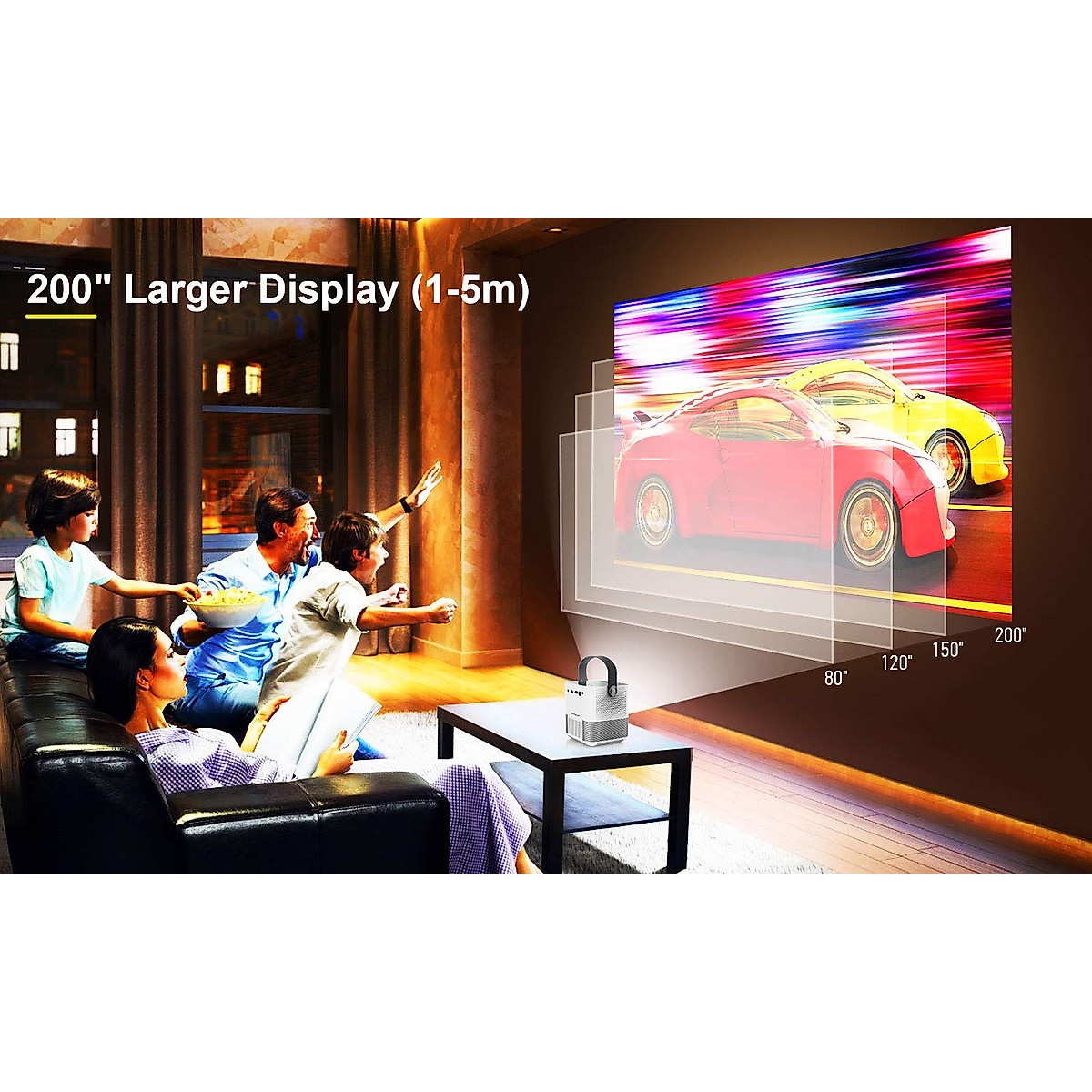 FANGOR WiFi Projector, 200" Display&1080P Supported, 360° Speaker/Bluetooth, 6000L Portable Wireless Mini Projector for Outdoor Movie, Sync Smartphone Screen via WiFi/USB Cable, for iOS/Android