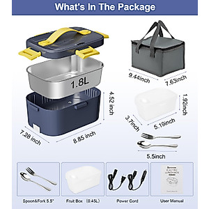 Dicorain Electric Lunch Box, 80w 1.8L Heated Lunch Box for Truck/Car/Office/Home/Work, 12/24/110v 3 In 1 Portable Food Warmer Lunch Box with Removable SS Container, Fork & Spoon (Dark Blue)