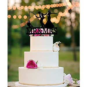 Yuezoloz Funny Fishing Wedding Cake Topper - Just Wait a Second - The Bride Urges Groom to Get Married,Fishing Couple Cake Topper, Mr & Mrs Wedding Cake Topper (Fishing Couple)