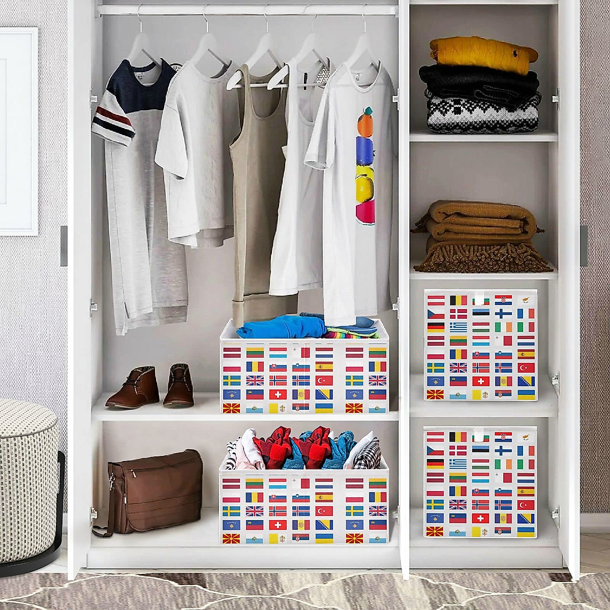 Miscellaneous Set Of Country Flags Storage Basket Storage Bin Rectangular Collapsible Nursery Hamper Cute Bin Organizer for Makeup Closet Bathroom Bedroom