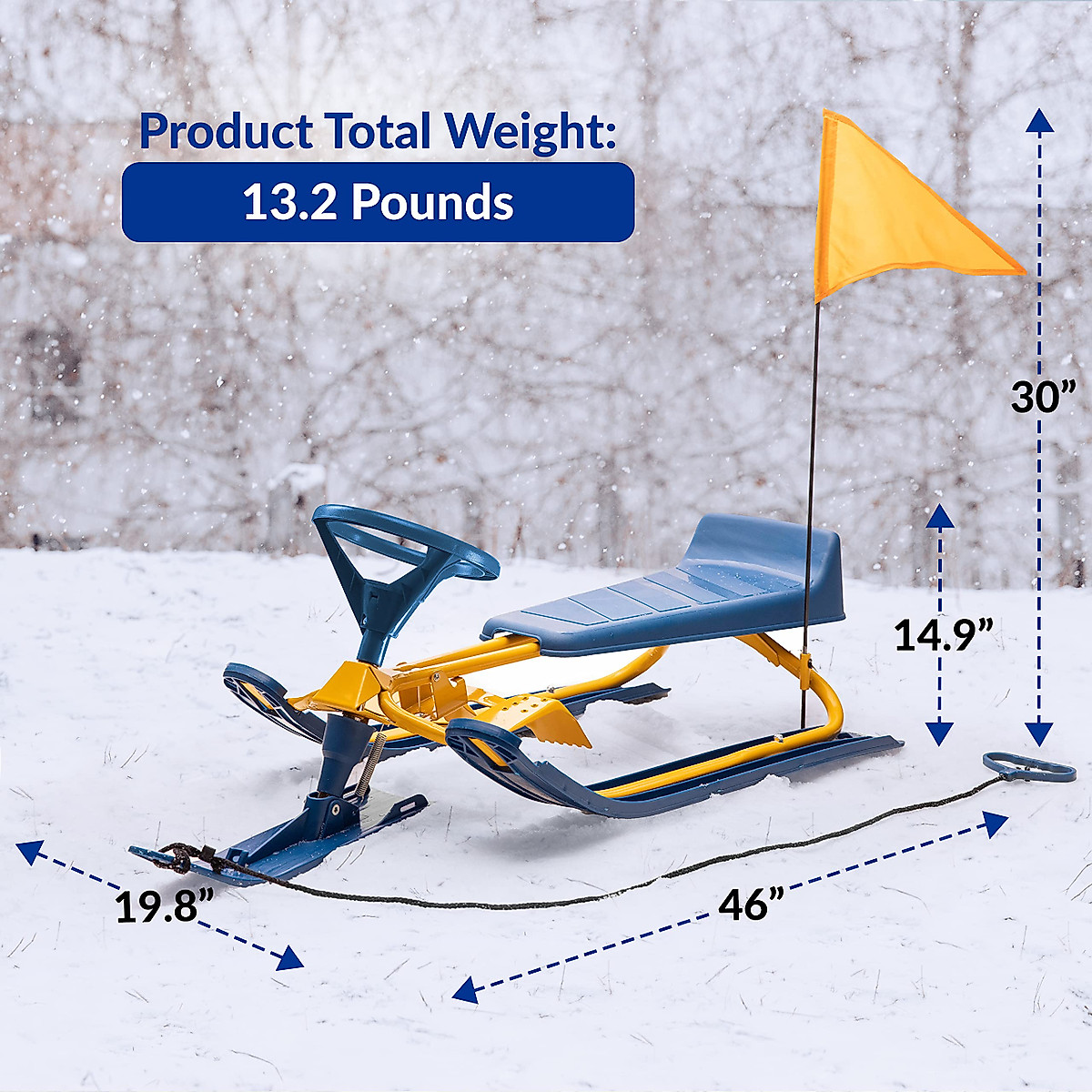 Machrus Frost Rush Snow Sled with Steering Wheel, Twin Brakes & Pull Rope - Winter Racer Snow Sled for Kids and Adults for Sledding