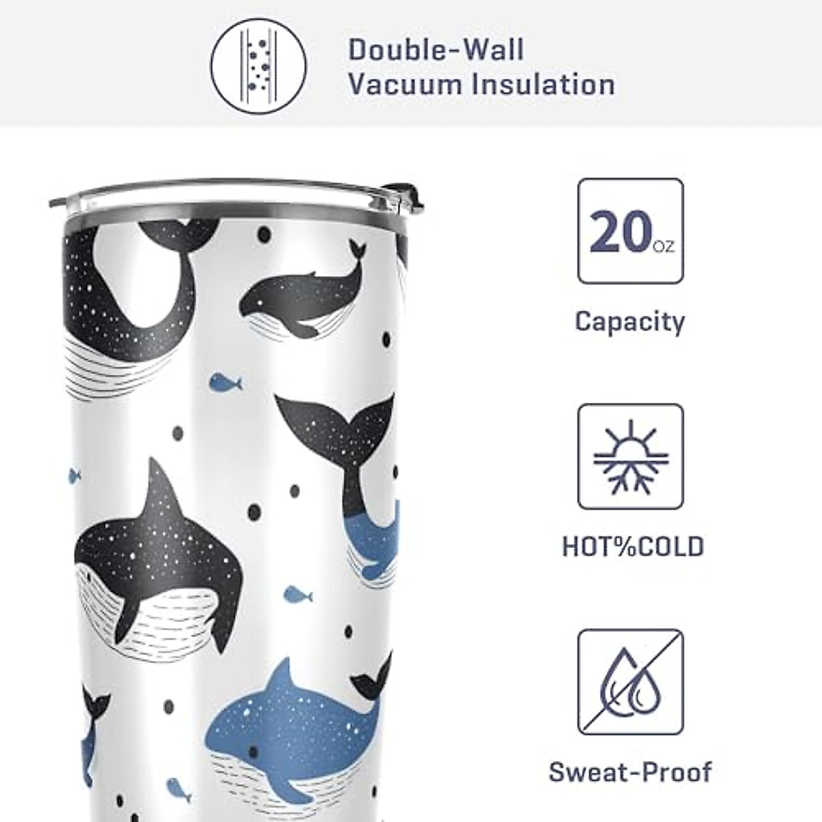 HXshaoye Cartoon blue black whale Stainless Steel water bottle with straw with Straw Leak Resistant Flip travel coffee mug for hot and cold drinks simple tumblers with lids and straws termo para