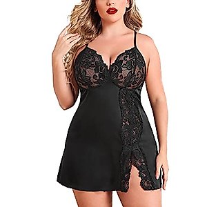 Avidlove Sexy Plus Size Lingerie Satin Lace Babydoll Mesh Strap Chemise Halter V Neck Black 22W