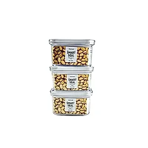 Neoflam Airtight Smart Seal Food Storage Container (Set of 3) | Crystal Clear Body | Modular, Stackable, Nestable Design (0.6L. Square)