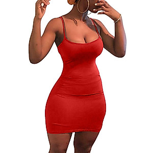 Mizoci Women's Sexy Sleeveless Spaghetti Strap Tank Bodycon Tight Mini Club Party Dress,X-Small,Red