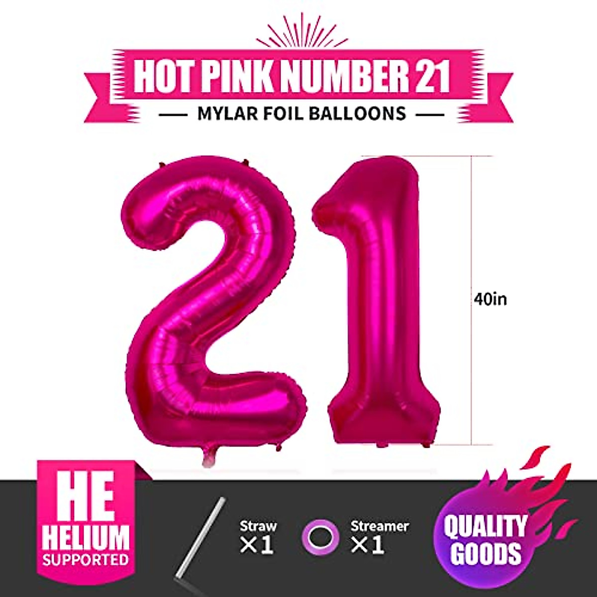 40inch hot Pink 21th Helium Foil Number 21 Balloons large Figures Inflatable Balls 12th Girls Daughter Birthday Party Ballloon Wedding Anniversary Events Decoration Party Supplies Large globos