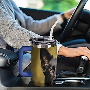 40 Oz Vacuum Tumbler with Deep Blue Handle Leakproof Insulated Tumbler Black German Shepherd Dog Stainless Steel Travel Mug with Lid And Straw Coffee Cup Cute Water Bottles Cup Holder Friendly