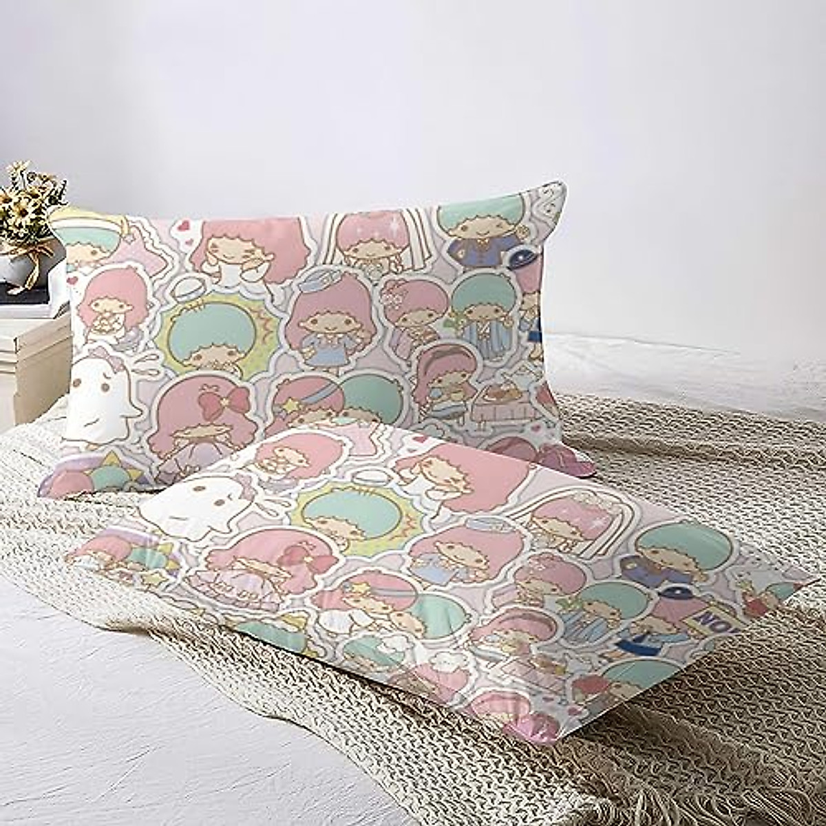 RODES 3pcs Little Twin Stars Duvet Cover, Twin Bedding Sets, Kawaii Bedding, Anime Comforter Bedspread Quilt Cover, Kawaii Beding Gifts for Teenage Boys Girls, 2 Pillow Sham