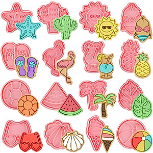 16 Pcs Summer Beach Cookie Cutters with Plunger Stamps Set Tropical Cookie Molds Beach Party Supplies Biscuit Fondant Cutters, Pineapple Flamingo Palm Tree Starfish Seashell Sunglasses Ice Cream