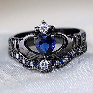 2 Rings His and Hers Couple Rings Bridal Sets Black Gold Filled Heart Blue Cz Womens Wedding Ring Sets Man Titanium Band Mens Ring
