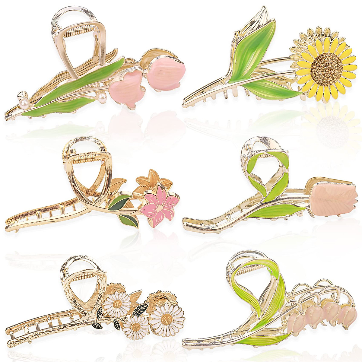 6 Pcs Large Metal Tulip, Sunflower, and Lily Hair Claws - Non-Slip Floral Hair Clips for Thin and Thick Hair