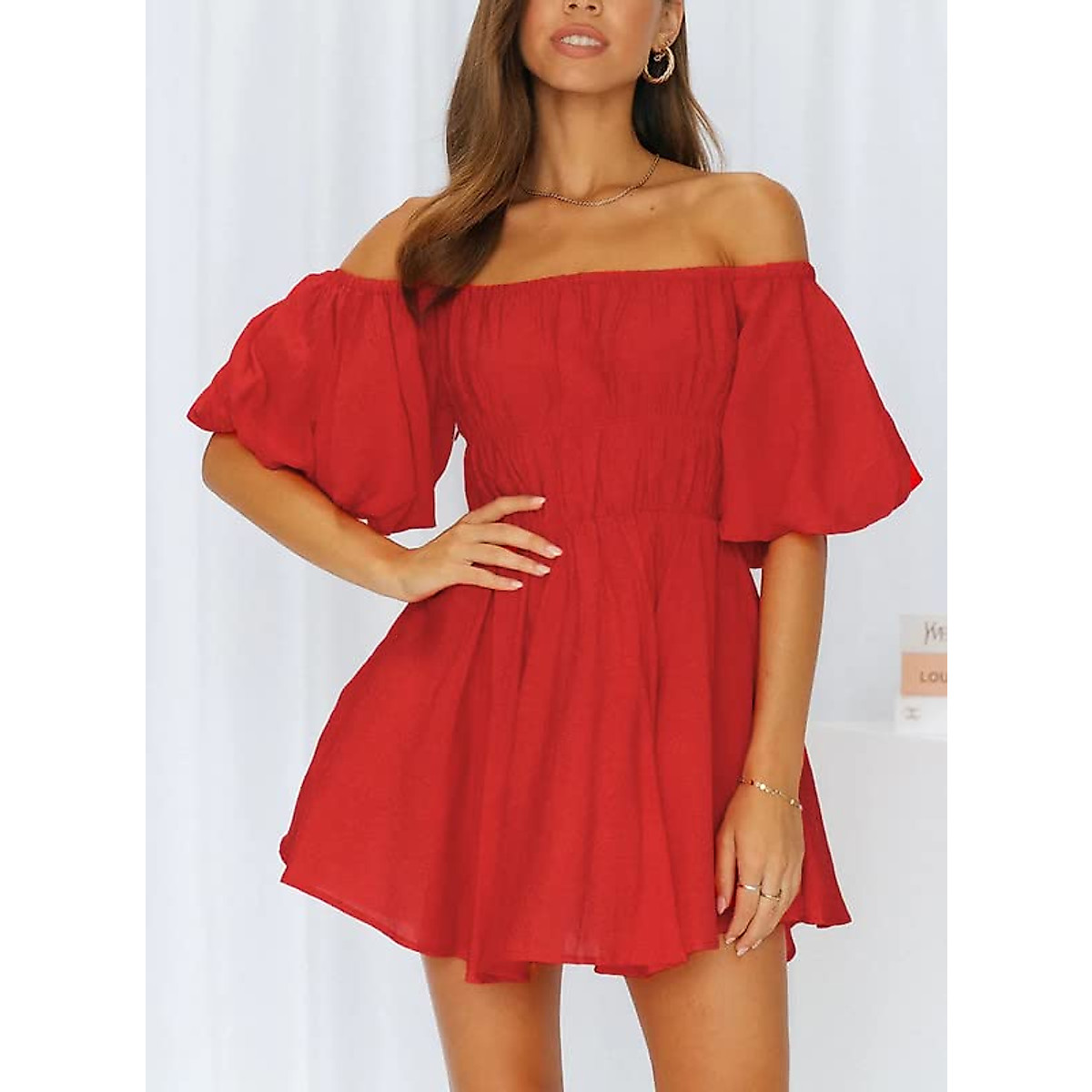 Dokotoo Summer Dresses for Women 2023 Fashion Lantern Sleeve Off Shoulder Dresses for Wedding Guest Ruffle Elastic Waist A-Line Casual Red Mini Dress X-Large