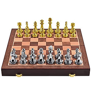 Agirlgle Metal Chess Set for Adults and Kids – Deluxe Chess Board with Chess Pieces – Travel Wooden Chess Set with Metal Pieces – Folding Chessboard – Ideal for Beginners and Professional Players