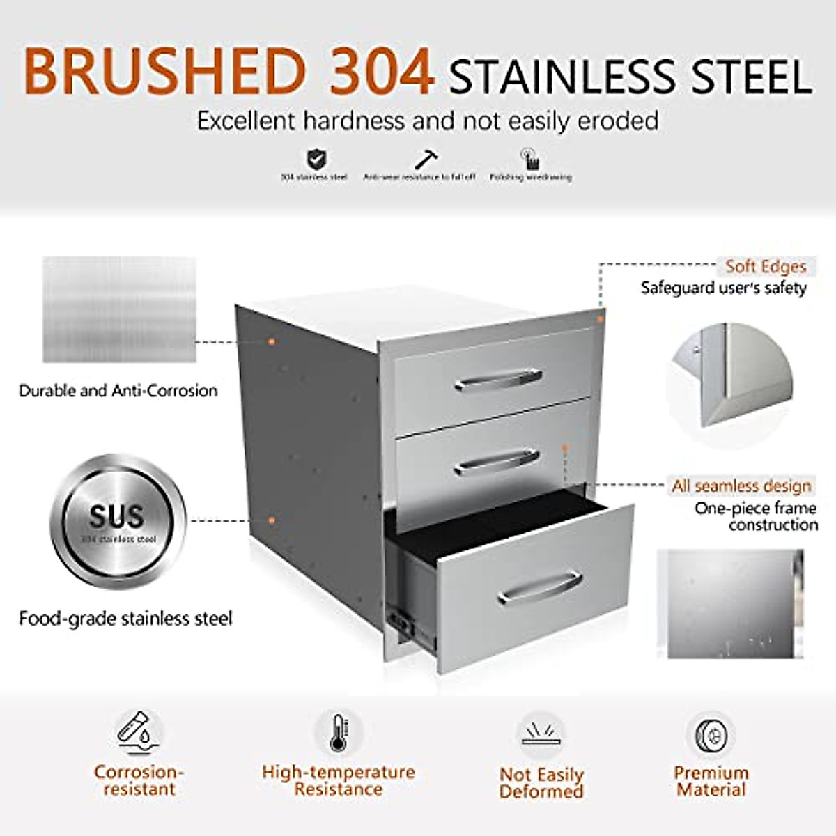 KODOM Outdoor Kitchen Drawers Stainless Steel,20W x 27H x 23D Inch Flush Mount Triple Drawers,BBQ Drawers for Outdoor Kitchens or BBQ Island