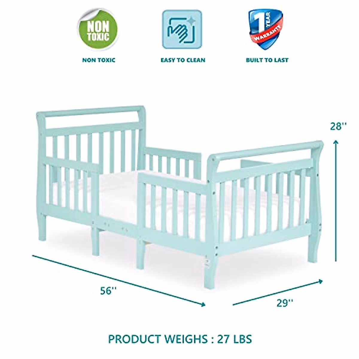 Dream On Me Emma 3-In-1 Convertible Toddler Bed In Mint, Converts To Two Chairs And-Table, Low To Floor Design, JPMA Certified, Non-Toxic Finishes, Safety Rails