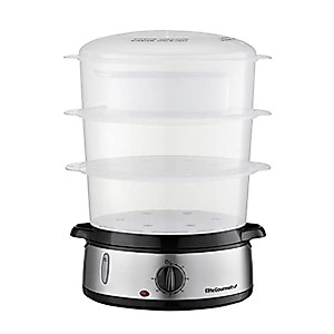 Elite Gourmet Maxi-Matic Electric Food Vegetable Steamer with BPA-Free 3 Tier Stackable, Nested Basket Trays, Auto Shut-off 60-min Timer, 800W, 9.5 Quart, Stainless Steel, (EST4401#)