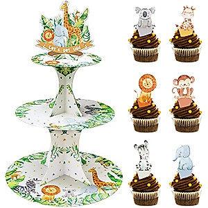 Baby Jungle Safari Birthday Cupcake Stand with 24pcs Cupcake Toppers for Safari Animals Theme Party Decorations 3 Tire Jungle Theme Cupcake Dessert Holder for Forest Wild One Baby Shower