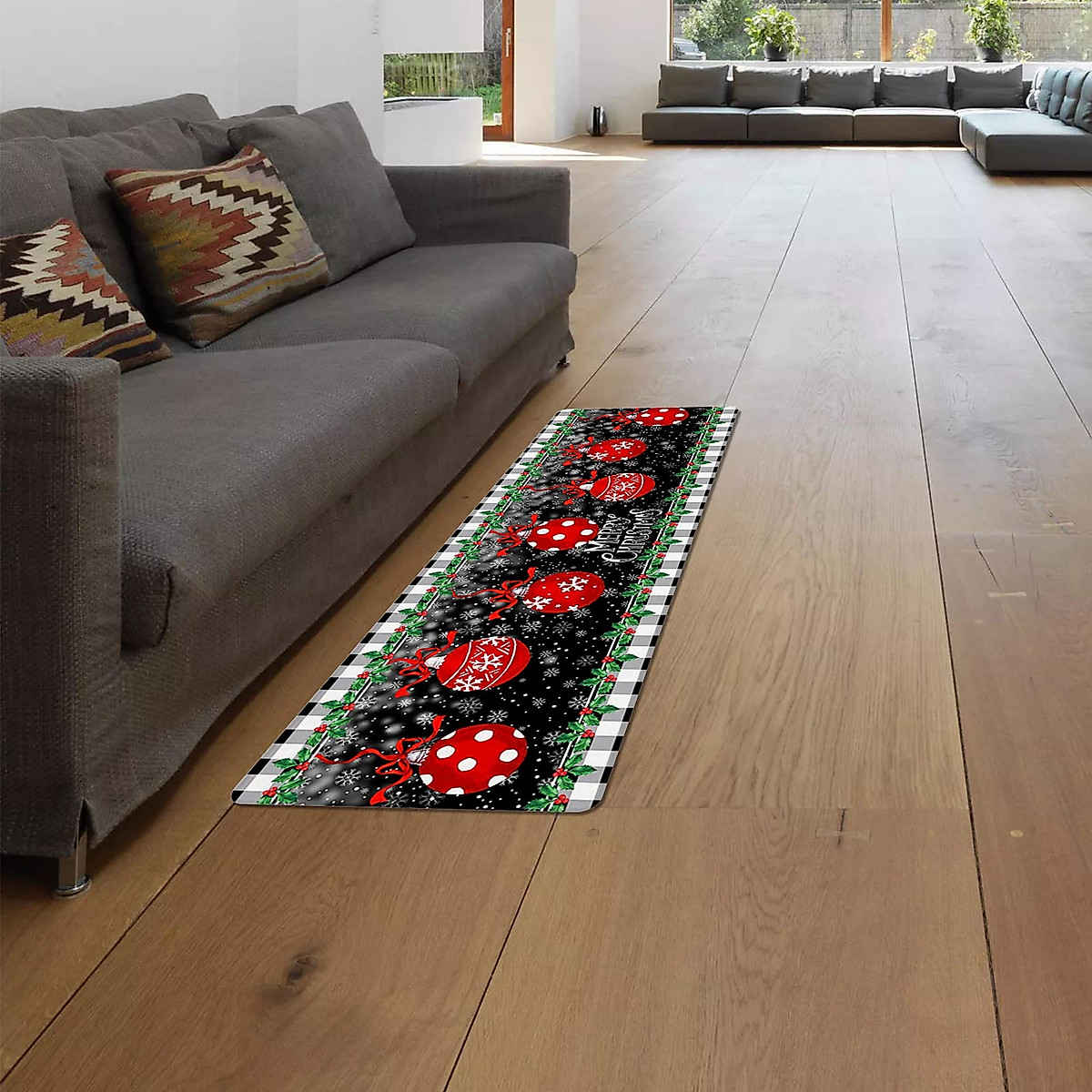 Kitchen Mat Rug Set of 2 Christmas Red Ball Winter Snow Black Buffalo Plaid Runner Rug Anti-Fatigue Comfort Memory Foam Standing Mat Non-Slip Floor Door Mat for Bathroom Bedroom 18x30in+18x60in