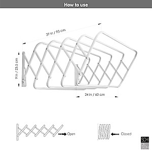 SOH DESIGN Steel Wall Mount Clothes Drying Rack, White Powder Coated, 9 Rods Expandable, for Laundry, Bathroom, Balcony,Indoor-Outdoor Use, 24 in Wide