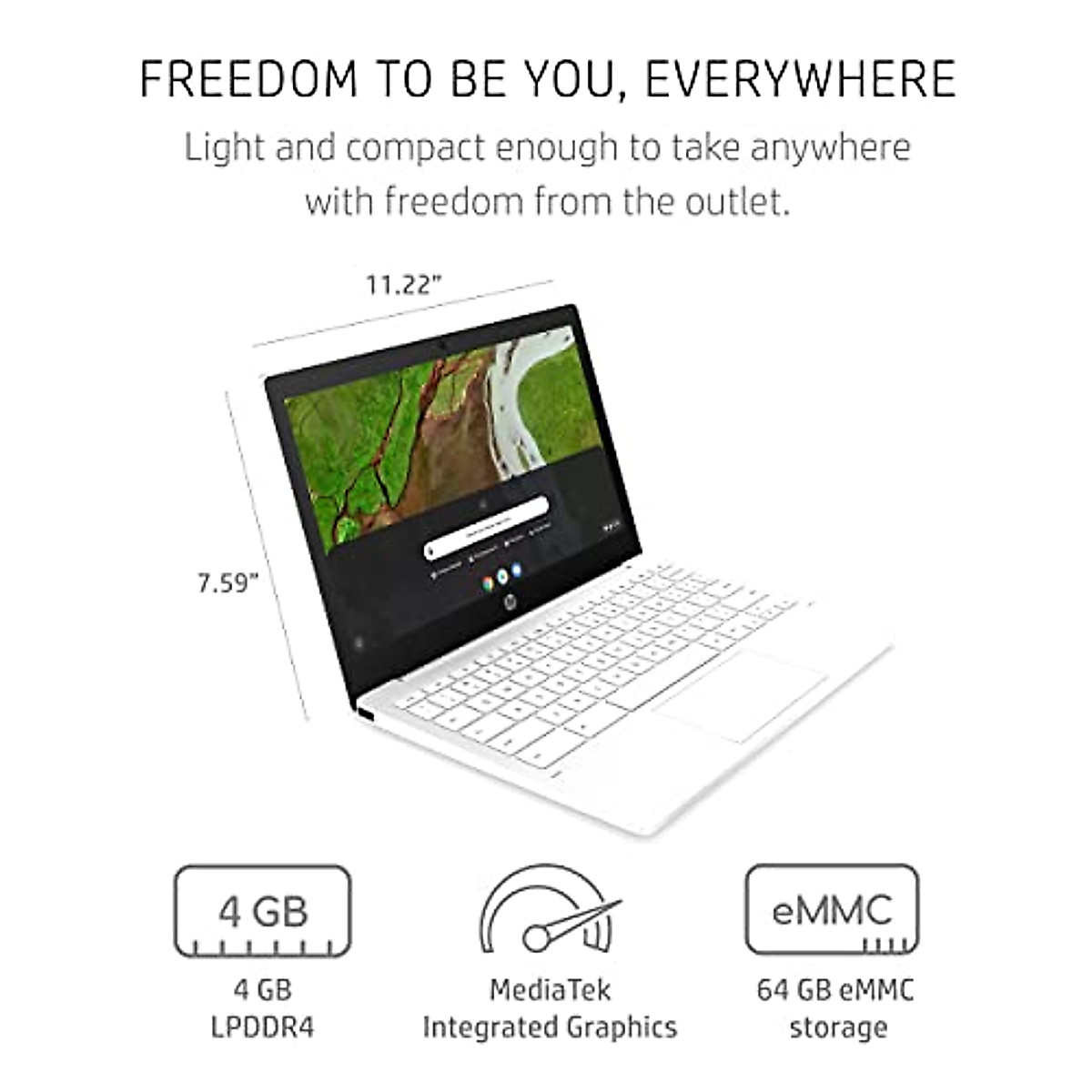 HP Chromebook 11 Laptop, MediaTek MT8183, 4 GB RAM, 64 GB eMMC, 11.6" HD Anti-Glare Screen, Chrome OS, Long Battery Life, USB-C Port, Custom-Tuned Speakers, Small Size (11a-na0080nr, 2022, Snow White)