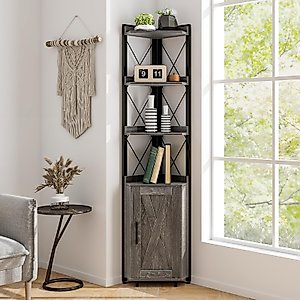 Tangkula Tall Corner Storage Cabinet, 71” Industrial 6 Tier Storage Shelf w/Door Cabinet, Corner Bookshelf Plant Stand, X-Shaped Metal Frame Standing Cabinet for Living Room, Small Spaces (Grey)