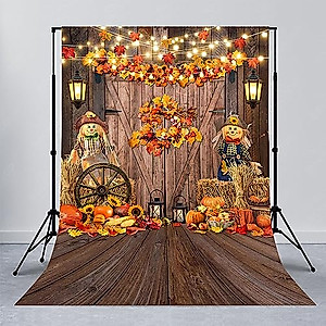 Avezano Fall Thanksgiving Backdrop Maple Leaves Pumpkin Barn Door Photography Backdrop Haystack Scarecrow Fall Baby Shower Party Banner Decorations (5x7ft, 59x83inch)