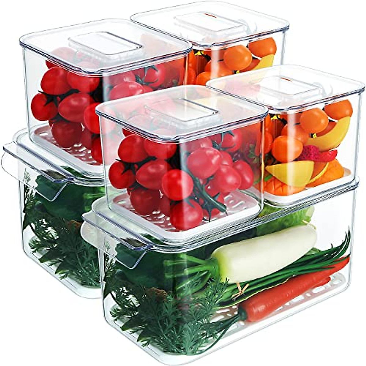 6 Pieces Fruit and Veggie Storage Containers for Fridge with Lids and Removable Drain Tray Produce Saver Food Storage Containers for Refrigerator to Keep Fruits, Vegetables, Meat, Fish Fresh and Dry