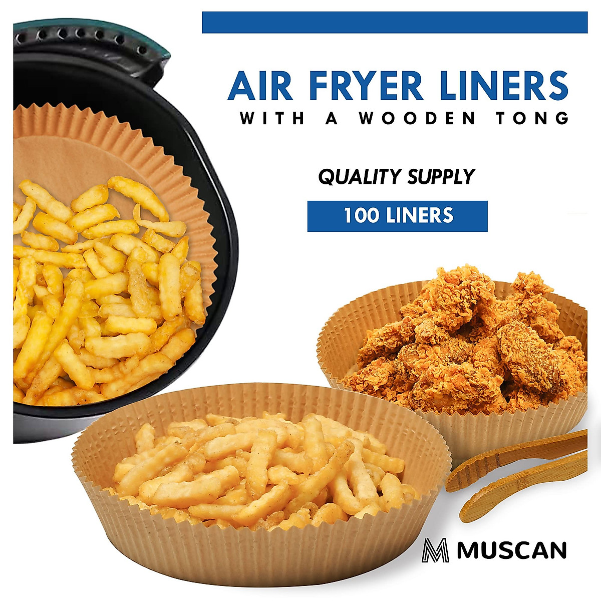 MUSCAN Air Fryer Liners 100 Pcs 8 Inches Round with Wooden Tong Disposable Large Oil Resistant, Waterproof, Unbleached Parchment Paper, Air Fryer Accessories for Air Frying, Baking, Roasting Microwave