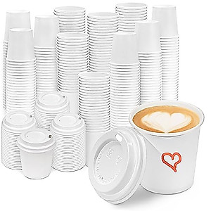 [100 Pack] 4 Oz Disposable Paper Coffee Cups with White Lids, Espresso Paper Cups with Lids, To Go Coffee Cups for Hot and Cold Beverage, On the Go Cups for Espresso, Hot Chocolate, Cortado, Macchiato