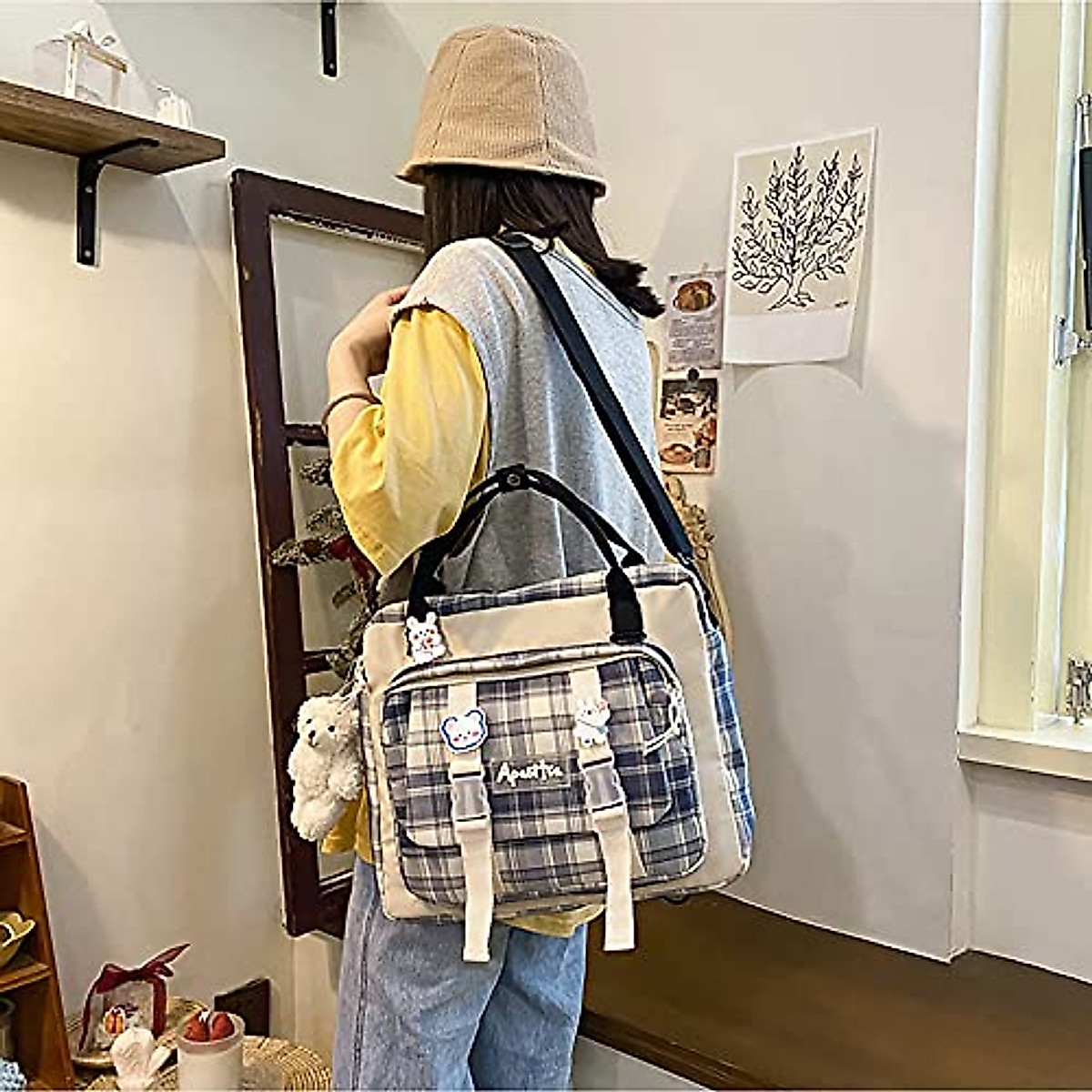 SINRWROD Kawaii Backpack with Bear Plush Pin, Aesthetic Backpack Japanese School Handbag Ita Bag, Back to School Backpack One Size