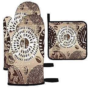 HGOD DESIGNS Coffee Beans Oven Mitts and Pot Holders Sets,Abstract Grunge Coffee Circle Post Design Kitchen Cooking Gloves Heat Resistant Baking for BBQ Grilling