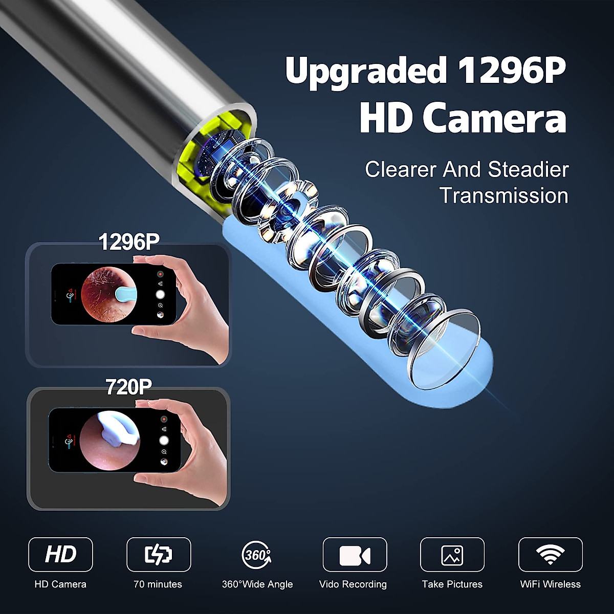 Ear Wax Removal, Ear Cleaner with Camera and Light, Ear Wax Removal Kit with 1296P Otoscope, Ear Cleaning Tool with 6 Ear Spoon, Ear Camera for iPhone & Android Phones,Black