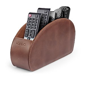 Londo Remote Control Holder with 5 Pockets - Store DVD, Blu-Ray, TV, Roku or Apple TV Remotes - Italian Genuine Leather with Suede Lining - Slim, Compact Living or Bedroom Storage