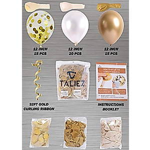 50 Pcs Balloons Set for Parties, Gold Confetti, White and Gold Chrome Pearl Balloon Party Decorations, Baby Shower Décor, Pack of 50 Thick Balloons, Gold Curling Ribbon, Natural Latex
