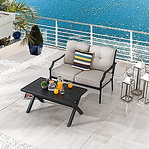 LOKATSE HOME Outdoor Loveseat and Coffee Table Metal Conversation Set Patio Furniture with Cushions for Poolside Backyard Lawn, Beige