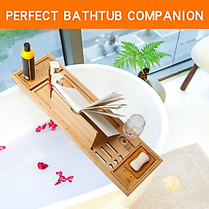 Bathtub Tray Table with Mirror and Bath Pillow, Expandable and Foldable Bamboo Bath Tray for Tub Soft and 4D Mesh Bathtub Pillow Luxury Bath Accessories Spa Gifts