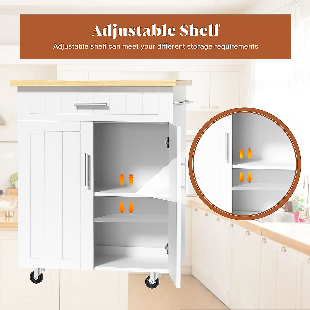 JY QAQA 26" Kitchen Island on Wheels with Storage Cabinet Kitchen Cart Cabinet with Shelves, Cart Handle for Towel Rack or Free Mobility, Portable Islands for Kitchen,White