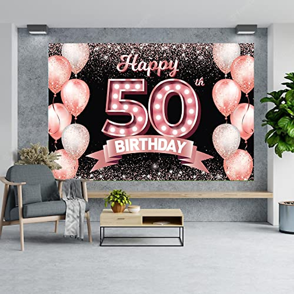 Happy 50th Birthday Rose Gold Banner Backdrop Cheers to 50 Years Old Confetti Balloons Theme Decor Decorations for Women 50 Years Old Pink Birthday Party Bday Supplies Background Favors Gift Glitter