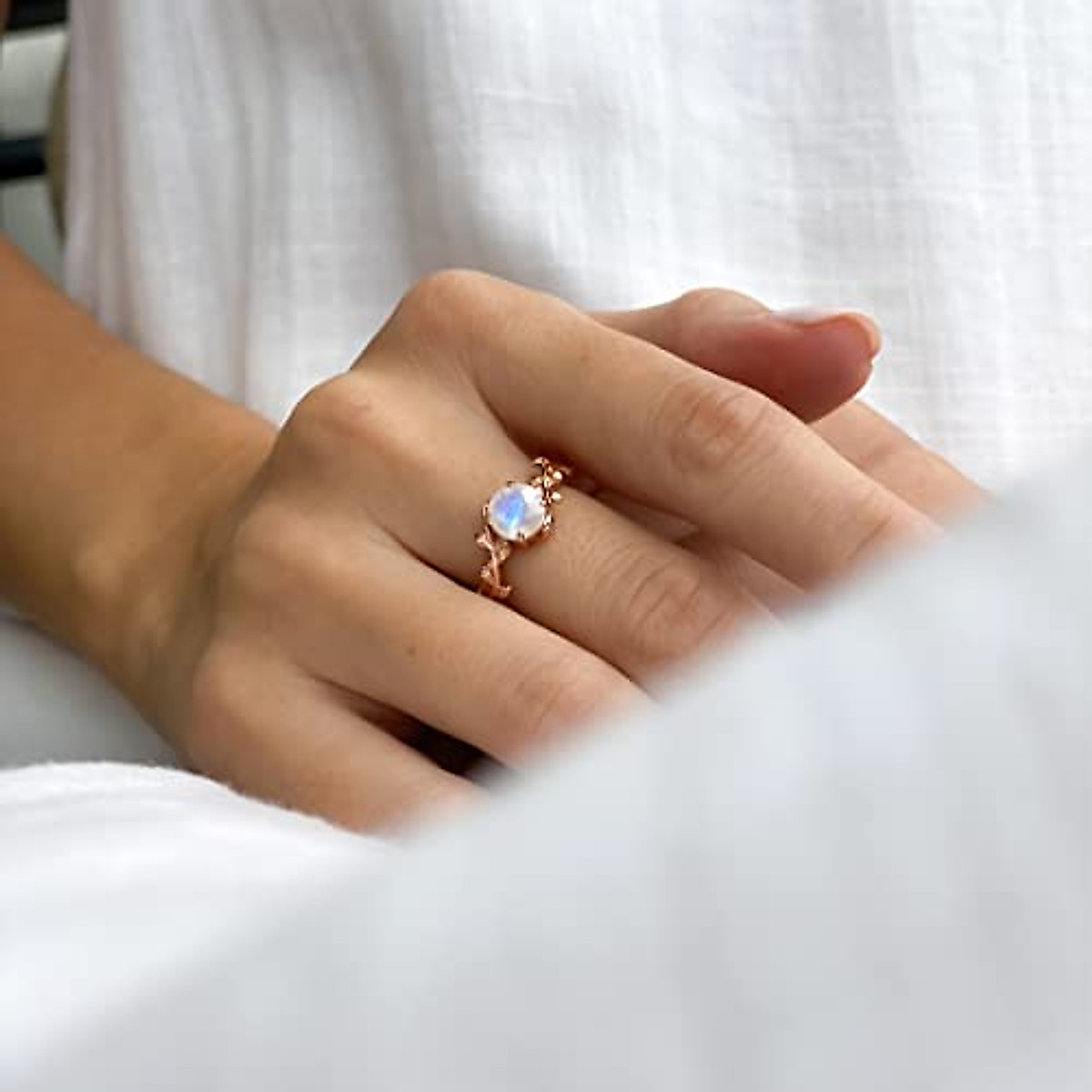 Genuine Moonstone Promise Ring for Women 14kt Gold by ASANA - Vintage Moonstone Ring Twig 14kt Rose Gold Sterling Silver Moonstone Promise ring - Crystal Rings, Gemstone Statement Ring, Moonstone Ring