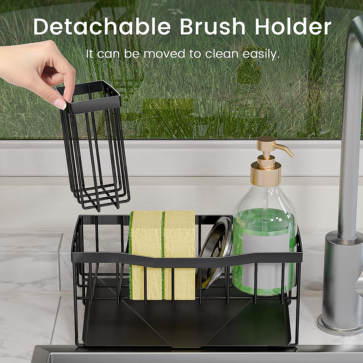 CasaCulina Sponge Holder for Kitchen Sink, Sink Caddy with Detachable Brush Holder and Stainless Steel Self Drain Tray, Rustproof Sink Organizer for Countertop Dish Soap Dispenser Brush Storage