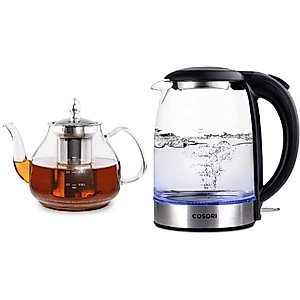 COSORI Glass Teapot Stovetop Safe Gooseneck Kettle with Removable Stainless Steel Infuser Scale Line & Electric Kettle, 1500W Wide Opening 1.7L Glass Tea Kettle & Hot Water Boiler, Matte Black