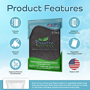Breathe Naturally - Extra Thick Replacement Carbon Pre-Filters Compatible with Idylis "C" IAP-10-200 Series - Premium Air Purification - Ideal for Home & Office Use - (4 pack, Carbon Filters)