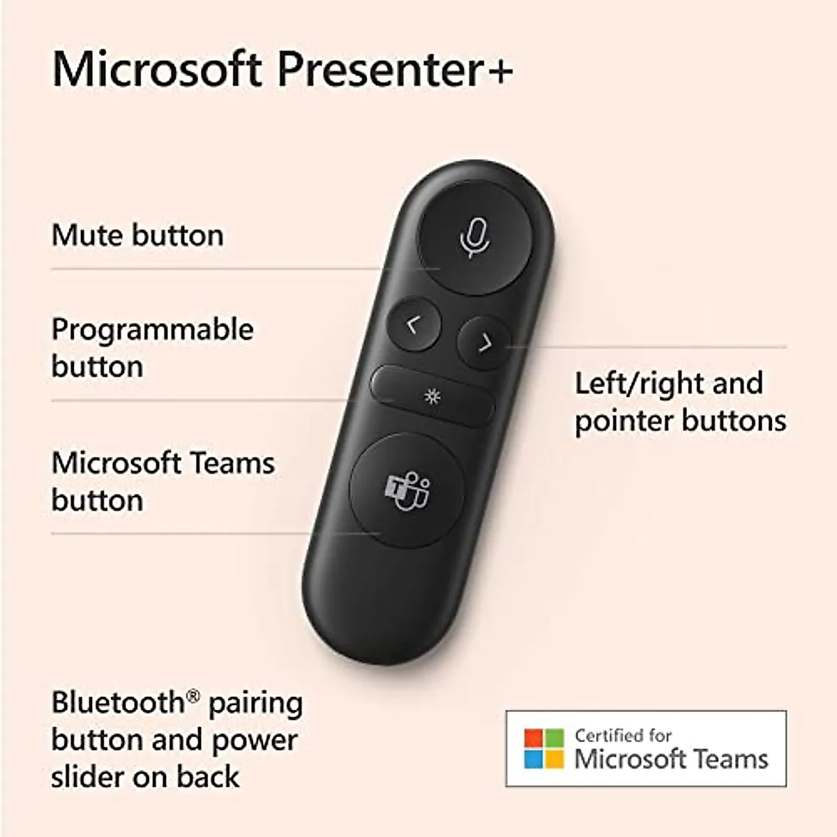 Microsoft Presenter+ (2022), Wireless and Bluetooth Presentation Clicker for PowerPoint, Advanced Built-in Features, Black Color