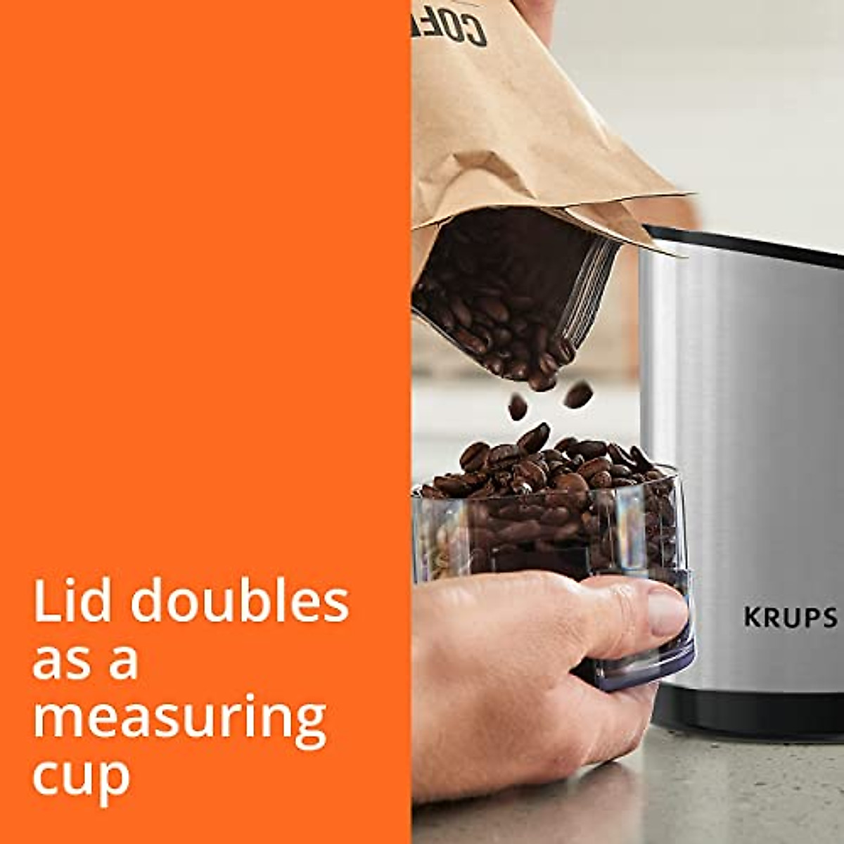 Krups Fast-Touch Stainless Steel Coffee and Spice Grinder 3oz, 85 gr bean hopper Easy to Use, One Touch Operation 200 Watts Coffee, Espresso, French Press, Spices, Dry Herbs, Nuts, 12 cups Silver