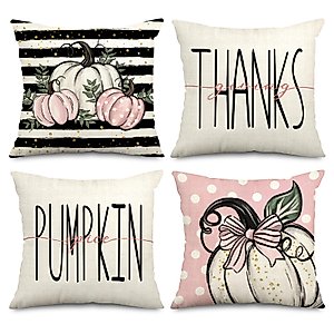 AnyDesign Fall Pillow Covers Gold Foil Pumpkin Throw Pillow Case Black Pink Autumn Decorative Cushion Cover for Harvest Farmhouse Thanksgiving Home Office Room Couch Sofa Decor, 18 x 18 Inch, 4Pcs