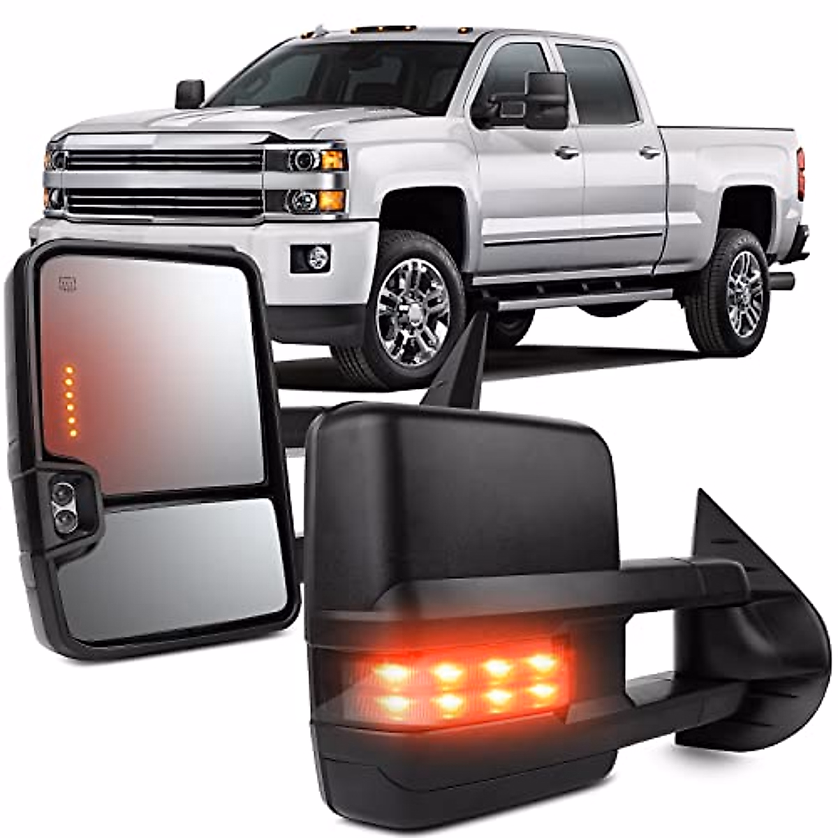 OCPTY A Pair of Towing Mirrors Replacement Fit For 2007-13 for Chevy Avalanche 1500 Suburban 1500 2500 Tahoe for GMC Yukon Pickup Tow Mirrors Power Adjusted Heated LED Turn Signal Black
