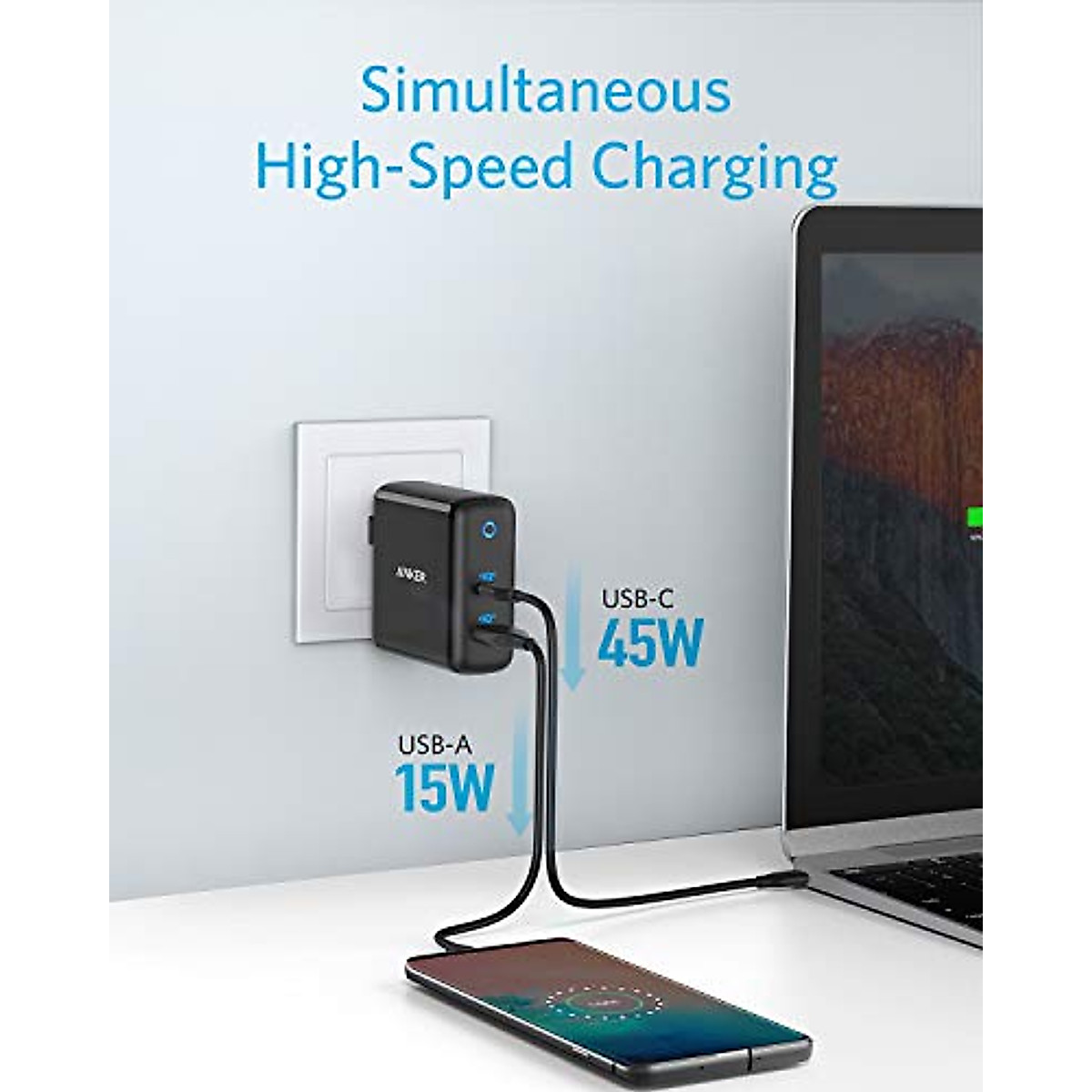 Anker 60W PIQ 3.0 & GaN Tech Dual Port Charger, PowerPort Atom III (2 Ports) Charger with a 45W USB C Port, for USB-C Laptops, MacBook, iPad Pro, iPhone, Galaxy, Pixel and More